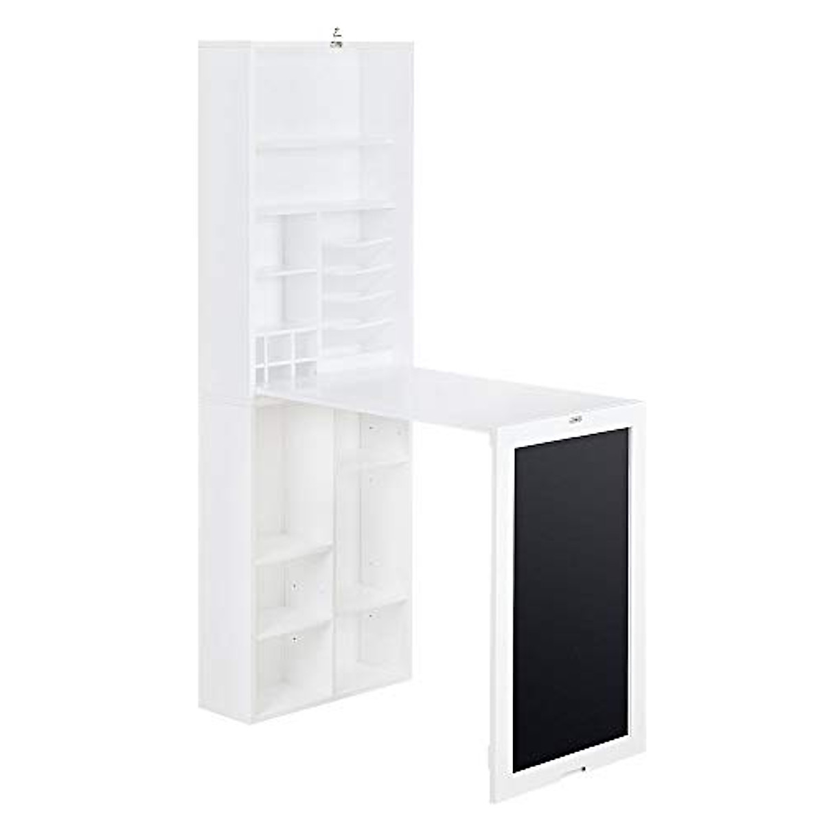 Utopia Alley Collapsible Fold Down Desk Table with Storage Cabinet & Bottom Shelves - with Chalkboard Wall -White