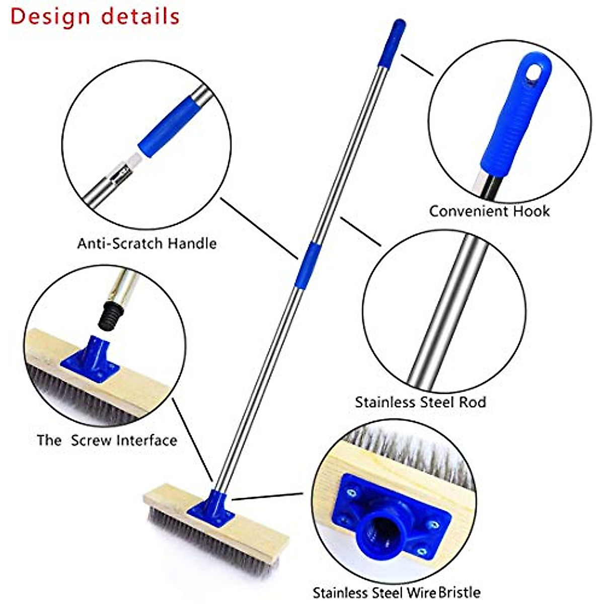 YCUTE Deck Brush, Stainless Steel Wire with Long Handle 43", Perfect for Algae, Tough Stains on Concrete, Swimming Pool, Walkways and Patio