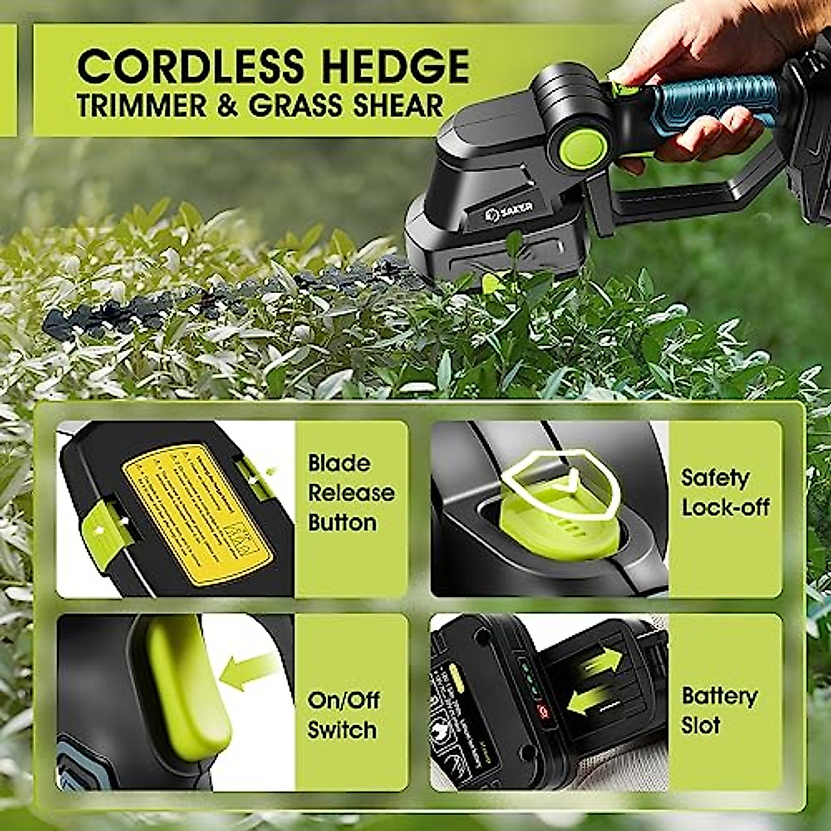 Saker Cordless Hedge Trimmer-20V Electric Shrub Trimmer Grass Shears Handheld Grass Cutter, Hedge Shear for Garden, Lawn (Only 2 Blades)