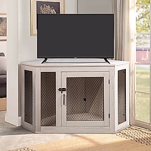 VITESSE Corner Dog Crate 44/52inch, Wooden Dog Crate Furniture for Medium Dogs, Durable Dog Kennel Indoor End Table, Decorative Puppy Kennel with Sturdy Mesh, Heavy-Duty Pet House with Portable Switch