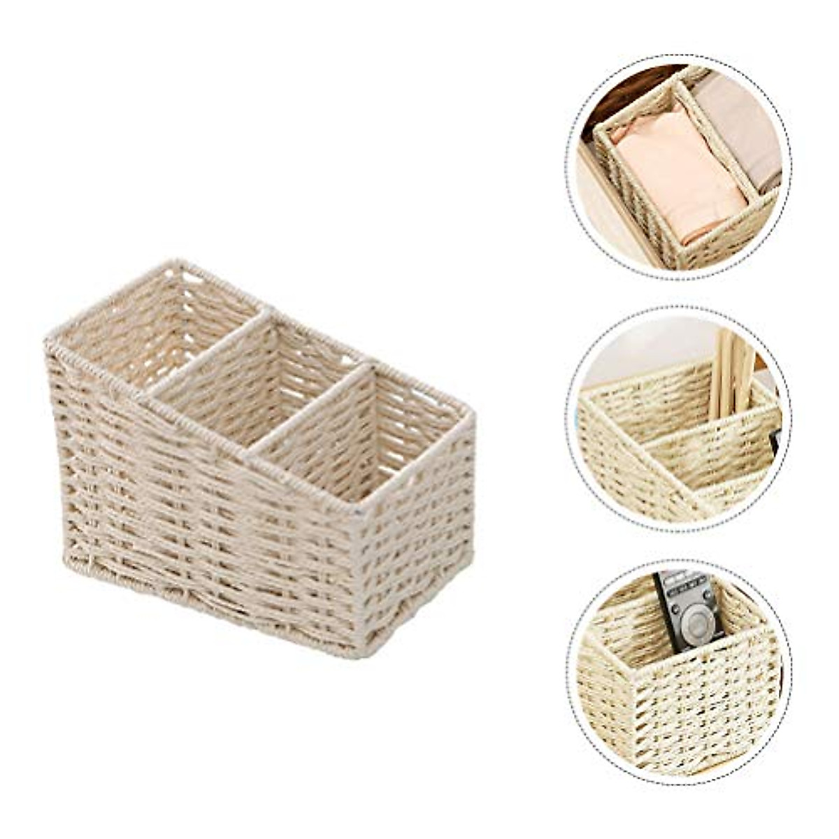 DOITOOL Wicker Storage Basket with 3- Compartment Magazine Hyacinth Basket Weave Organizer Baskets Desktop Storage Box Sundries Container Desk Basket Bins for Bathroom Office