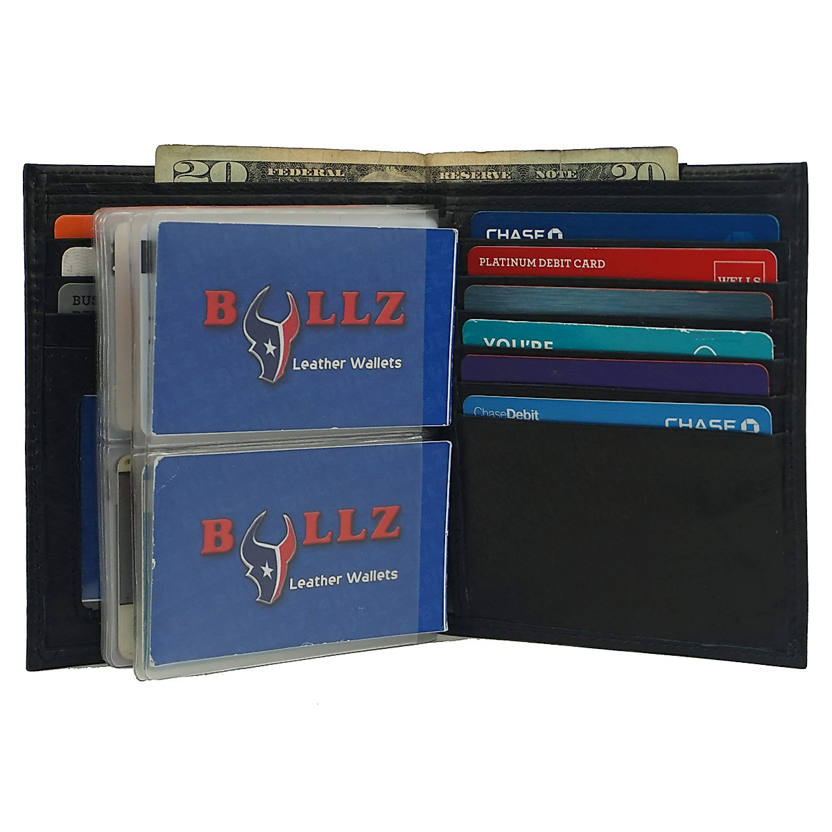 Leather European Bifold Hipster Mens Wallet With Heavy Duty Vinyl Wallet Insert (Black)