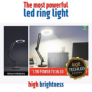 TECHLED Magnifying Glass with Light and Stand, Desk Ring Light, 3 Color Modes Stepless Dimmable, Desk Lamp, Clamp Light, Office Desk Lamp for Close Work, Repair, Reading, 12w, Adjustable Desk Lamp