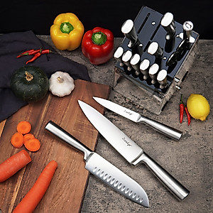 Kinfe set, Jiaedge Kitchen Knife Set with Block, 15-PC German High Carbon Stainless Steel Chef Knives Set for Kitchen with Block, Dishwasher Safe Steak Knives, Acrylic Stand, Knife Sharpener, Silver