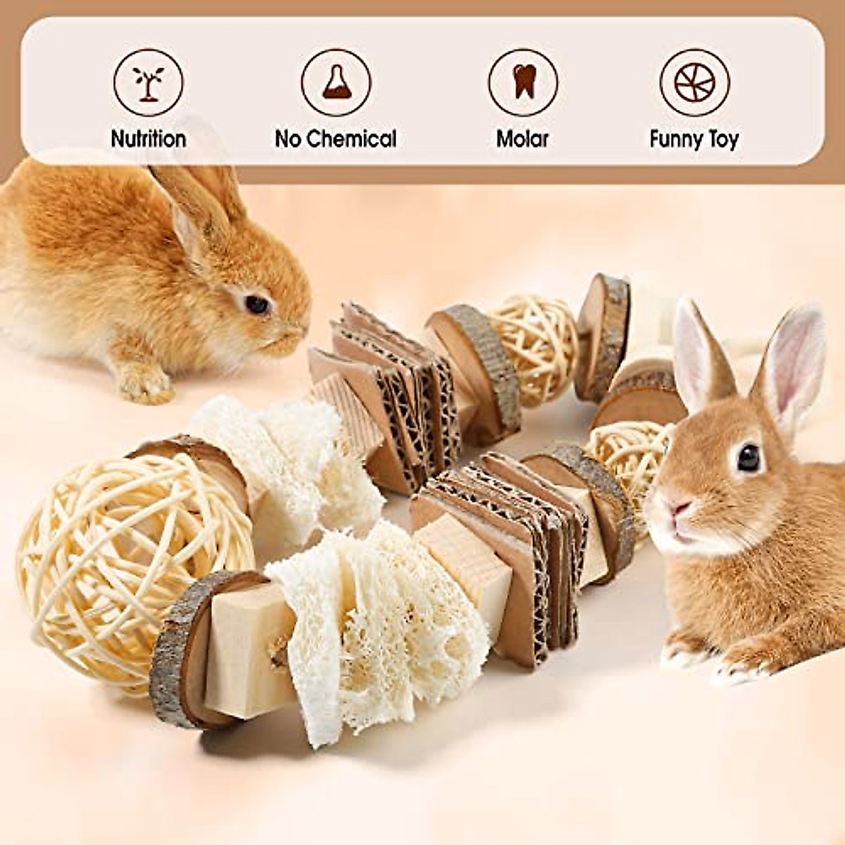 Bunny Chew Toys for Rabbits, Hanging Rabbit Toys, Wooden Bunny Natural Chew and Treat Toys Improve Dental Health for Rabbits, Hamsters, Guinea Pigs Chinchillas, Birds, and Other Small Pets