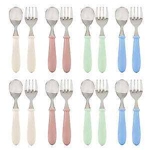 16 Pieces Toddler Fork and Spoon Silverware Set Stainless Steel Baby Utensils Round Handle & Tines for Safe Baby Toddler Self Feeding