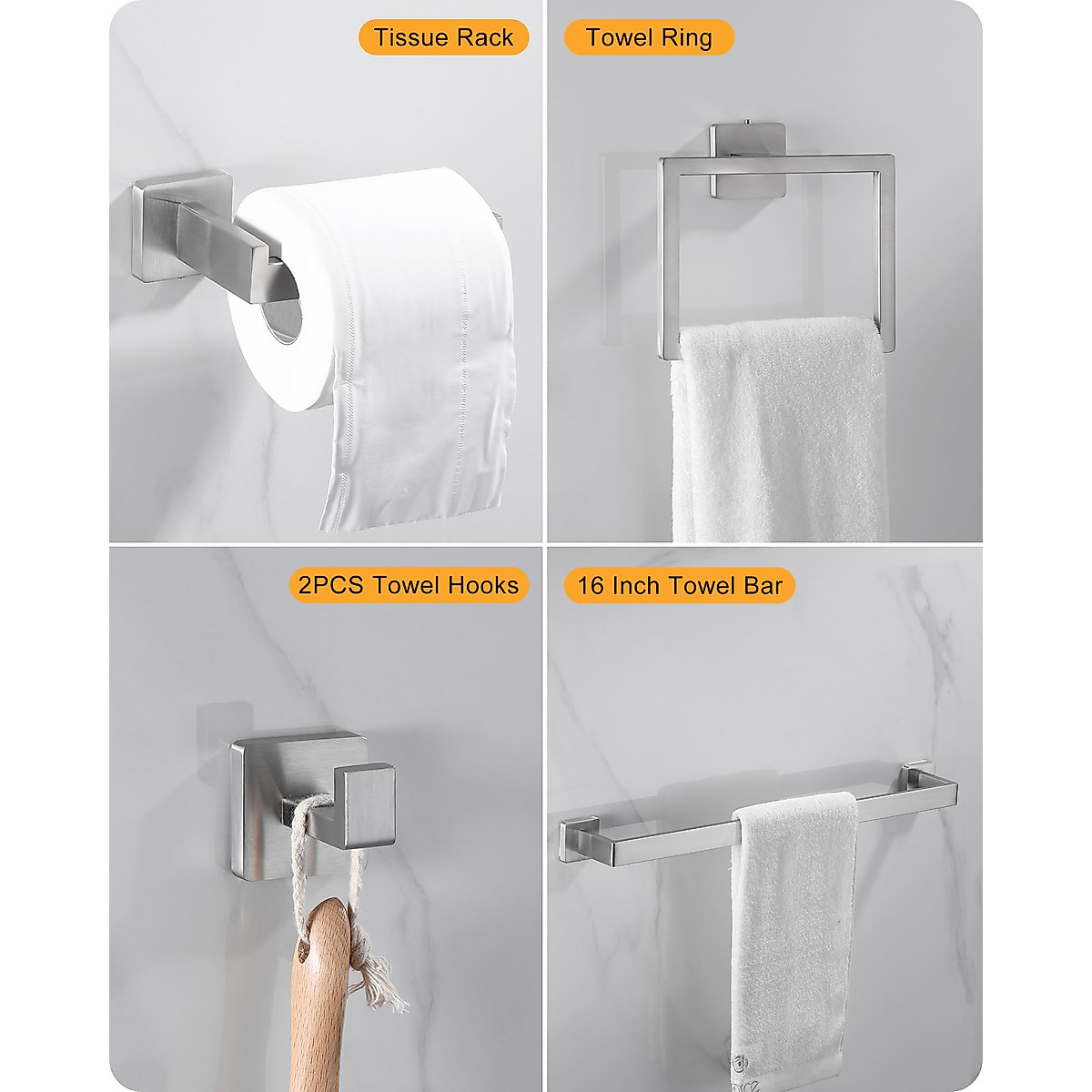 Hinmood Matte Black Bathroom Hardware Set, 5 Pieces Hardware Accessories Set SUS304 Stainless Steel Bath Towel Bar Set, Wall Mounted Towel Rack for Bathroom (Brushed Nickel, 16 Inch)