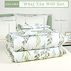 DILIMI Twin Comforter Set for Girls, Reversible 5 Pieces Comforter Twin Size Bed, Green Leaf Ultra Soft Twin Bedding Sets with Comforter, Flat Sheet, Fitted Sheet, 2 Pillowcase