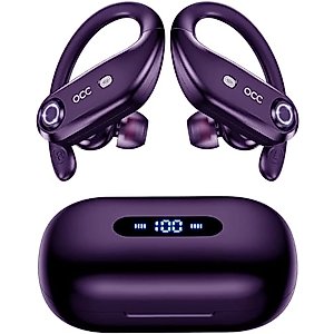 Wireless Earbuds Bluetooth Headphones 130H Playback 4-Mic HD Call IP7 Waterproof Ear Buds in Ear Sport LED Display Earphones with Earhooks for Running Workout Gym Phone Laptop TV Computer (purple)