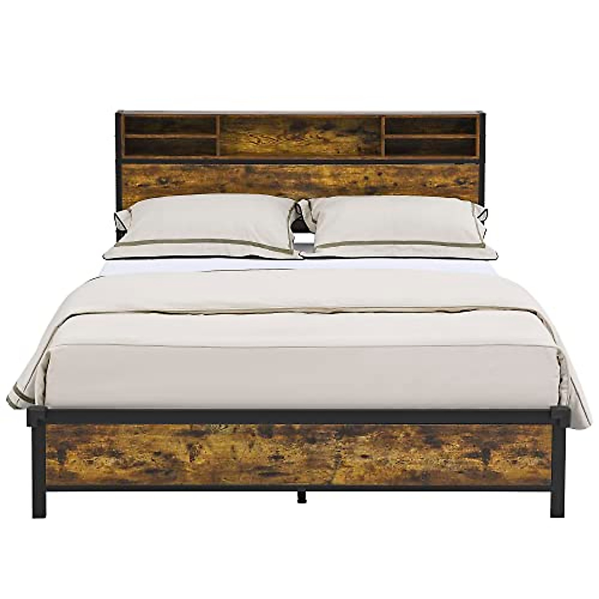 Alohappy Full Size Bed Frame with Bookcase Headboard, Metal Platform Bed Frame Full with Headboard Double Support Legs 13 Metal Slats Support,Easy Assembly Noise Free No Box Spring Needed