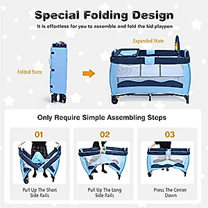 Giantex Nursery Center Playyard Baby Crib Set Portable Nest Bassinet Bed Infant Kids Travel Playpen Pack Deluxe Double-Layer Beds Pocket Diapter Changer Toy Cribs Nursery Centers w/Bag & Caster, Blue