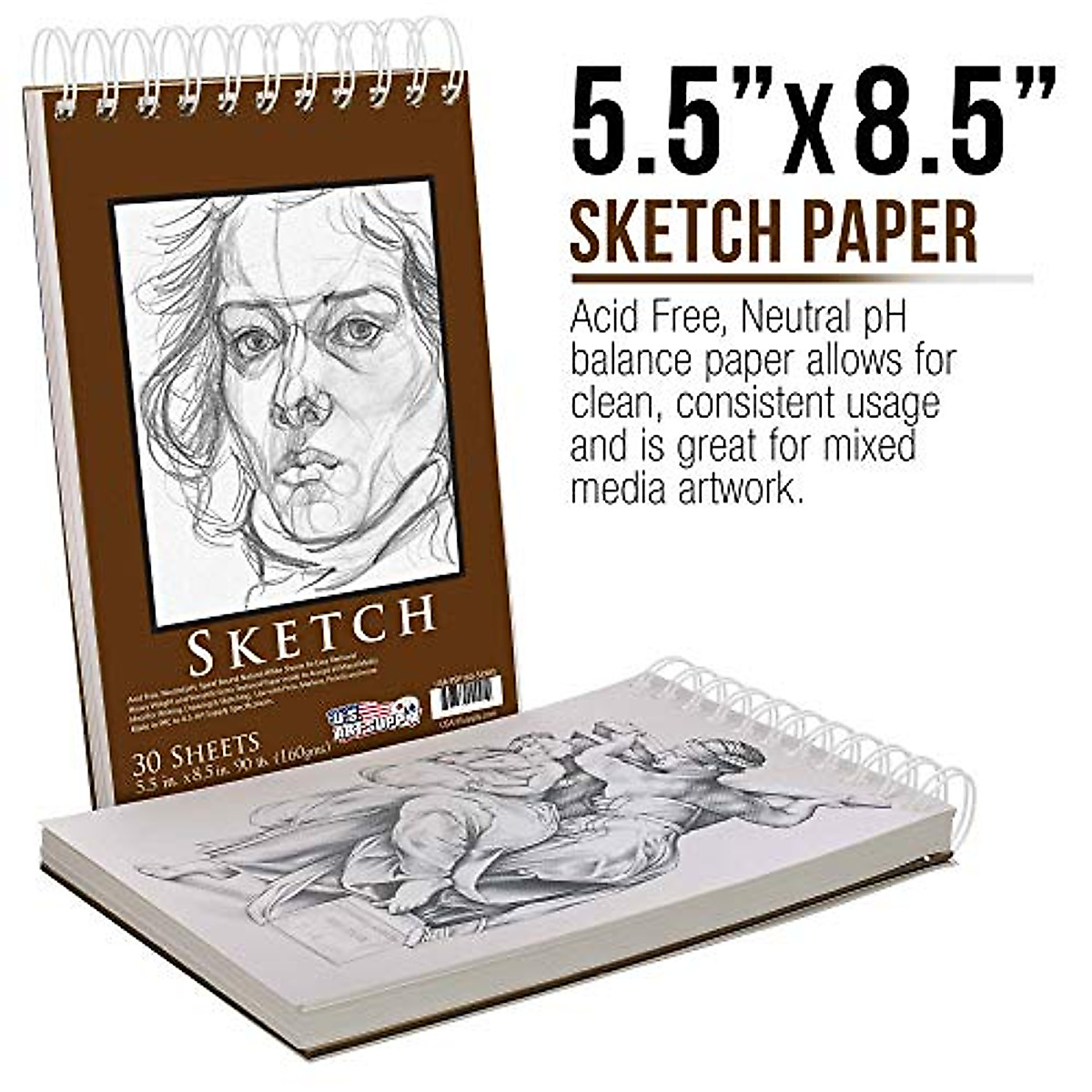U.S. Art Supply 5.5" x 8.5" Top Spiral Bound Sketch Book Pad, Pack of 2, 30 Sheets Each, 90lb (160gsm) - Acid-Free Heavyweight Paper, Artist Sketching Drawing Pad - Pencils, Charcoal - Adults, Student