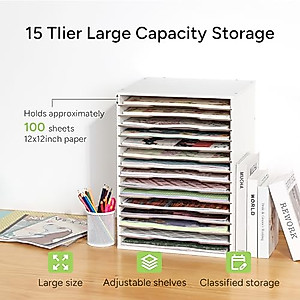 Caydo 15 Slot Paper Organizer Storage, Wood Adjustable Shelves Paper Storage Shelf with Extraction Slot for 12x12Inch Scrapbooks, Heat Transfer Papers, Files, Vinyl fo Office, Home (White)