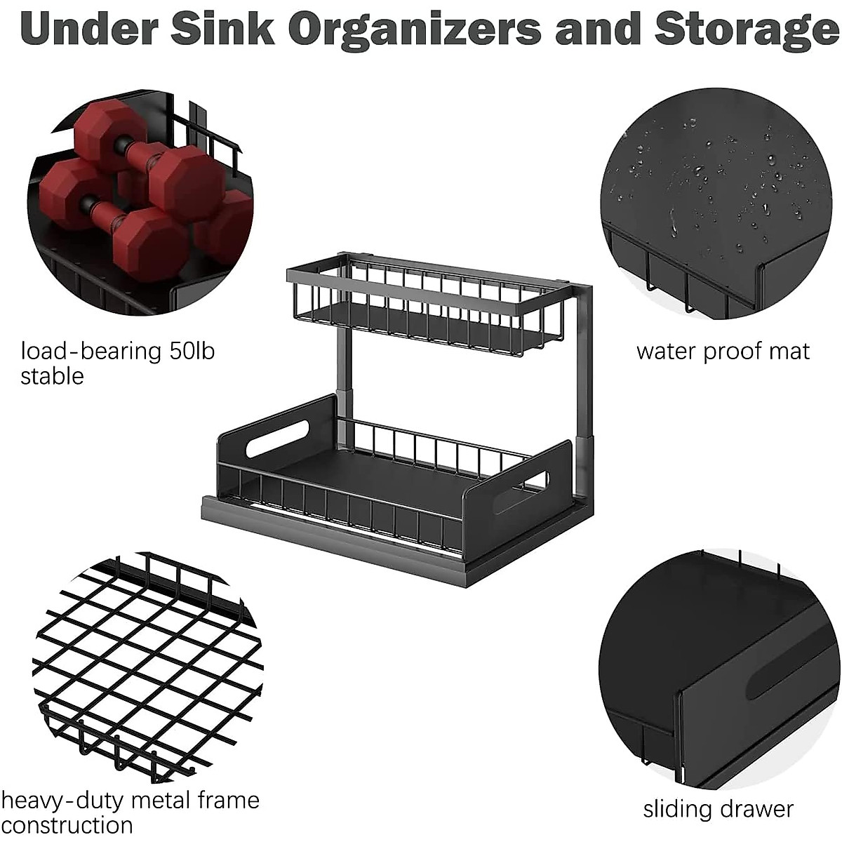 Under The Sink 2-Tier Sliding Organizer - Kitchen And Bathroom Cabinet Storage- Sturdy L-Shaped, Pull Out Shelf - Ideal for Kitchen, Bathroom, Cabinet, and Countertop - Black Metal