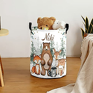 Greenery Woodland Forest Animals Laundry Basket Personalized with Name Laundry Hamper with Handle Organizer Storage Bin Bedroom Decor for Boys Girls Adults