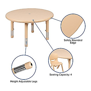 Flash Furniture Emmy 33" Round Natural Plastic Height Adjustable Activity Table Set with 4 Chairs