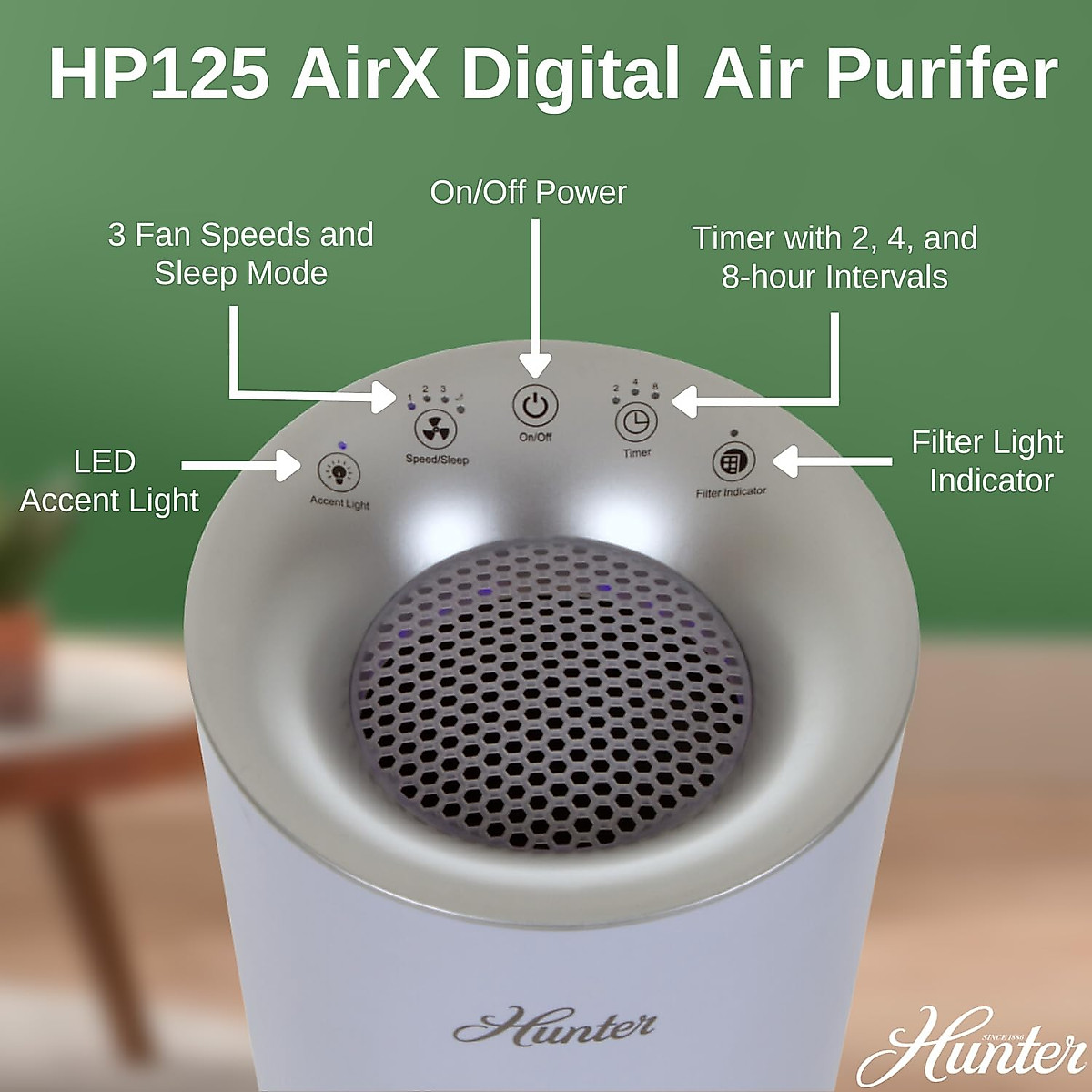 Hunter HP125 True HEPA Digital Air Purifiers for Home, Cleans 451 sq ft per hour. Small Bedroom Air Purifier. Removes Odors, Allergens, Smoke, Dust, Mold, VOCs. White