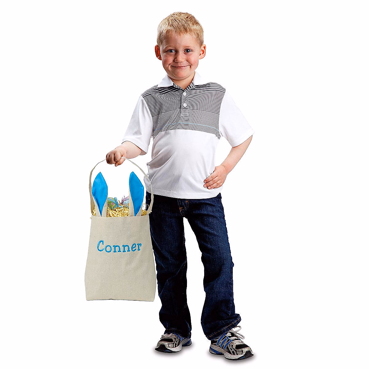 Lillian Vernon Personalized Blue Easter Basket Totes with Bunny Ears - Canvas 4" x 9" x 12", Embroidered with Child's Name, Boy's Blue Easter Basket