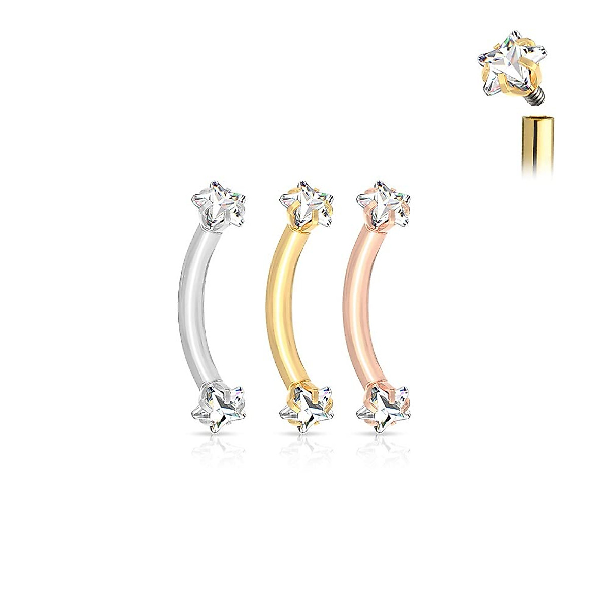 Pierced Owl 16GA Stainless Steel Internally Threaded Prong Set CZ Crystal Star Ends Cartilage Helix Daith Rook Eyebrow Curved Barbell (Silver Tone)