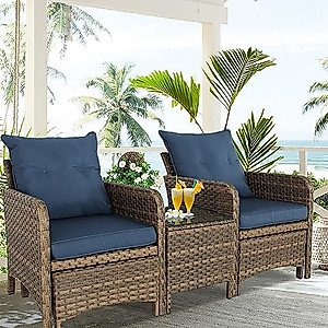 BPTD 5 Piece Patio Conversation Set Balcony Furniture PE Wicker Rattan Outdoor Lounge Chairs with Cushions and 2 Ottoman Glass Table for Porch, Lawn (Brown-Navy Blue)