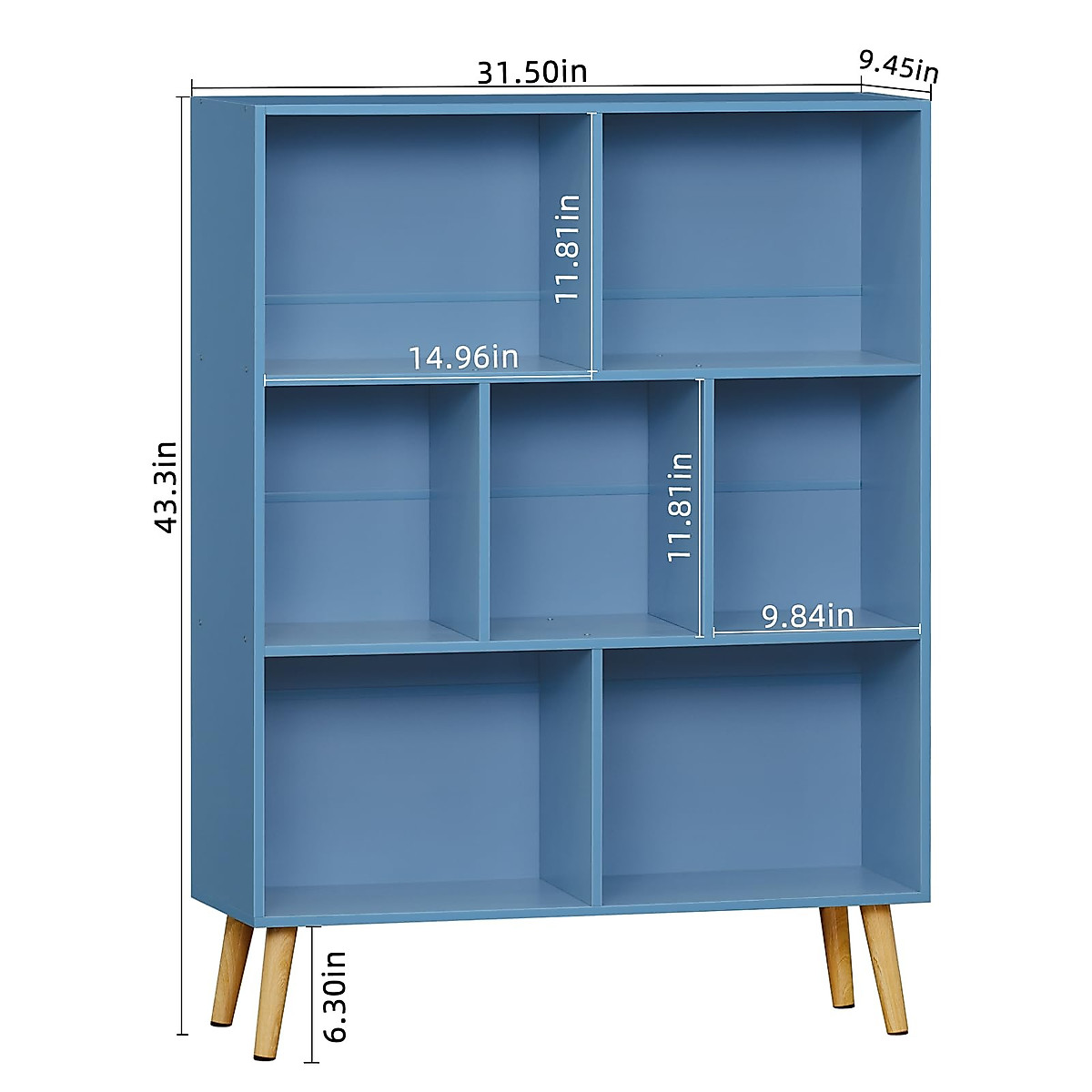 YAHARBO 7 Cube Bookshelf, Blue Kids Book Shelf with Cubby Storage,Wooden Modern Bookcase with Legs,3 Tier Freestanding Display Book Case,Children Toy Organizer,Bookshelves for Office,Nursery,Playroom