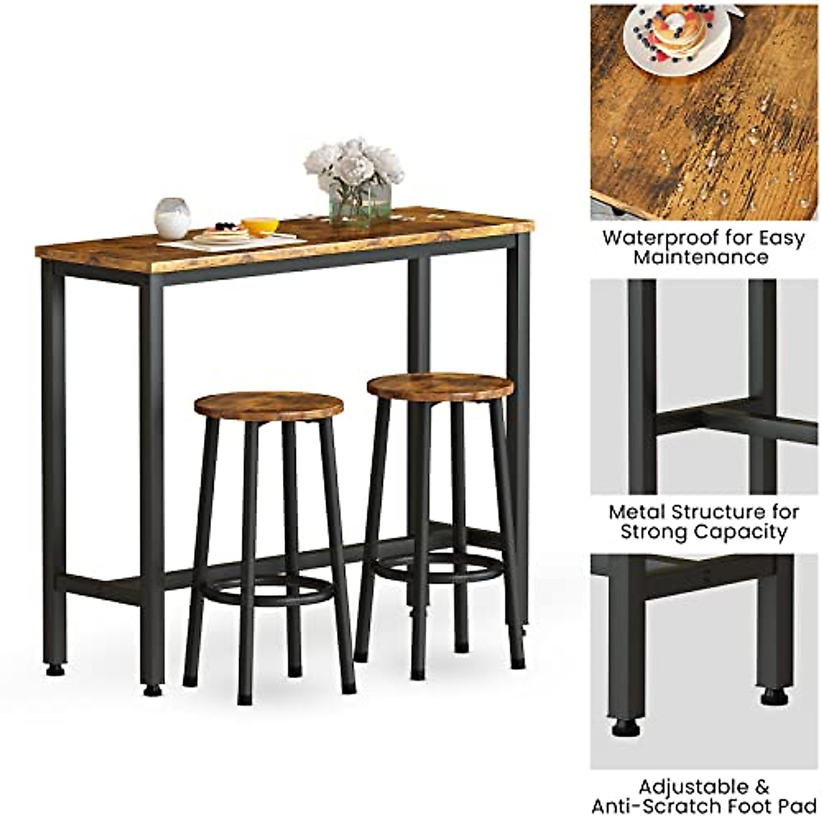 AWQM 3 Piece Bar Table Set, Industrial Pub Height Table with 2 Bar Stools,Dining Room Table Set, 47.2" Table and Classic Round Chairs Set, Ideal for Kitchen,Living Room
