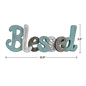 Teal Blessed Wooden Letters Wall Decor Freestanding Cut Out Decorative Wood Word Decor Signs for Living Room Shelf Mantel Table Top Rustic Home Decor