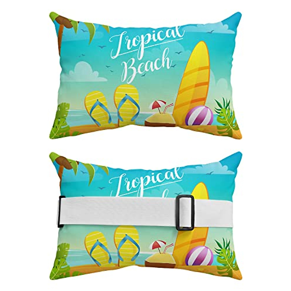 Recliner Head Pillow Ledge Loungers Chair Pillows with Insert Summer Beach Surfboard Cartoon Palm Tree Lumbar Pillow with Adjustable Strap Outdoor Waterproof Patio Pillows for Beach Pool, 2 PCS