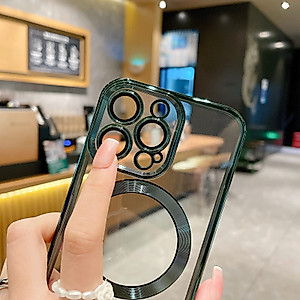 Uioeua Compatible with iPhone 13 Pro Max Magnetic Clear Case,Luxury Plating Bling Transparent Shockproof MagSafe Case with Full Camera Lens Protector for iPhone 13 Pro Max Women Girl Men-Green