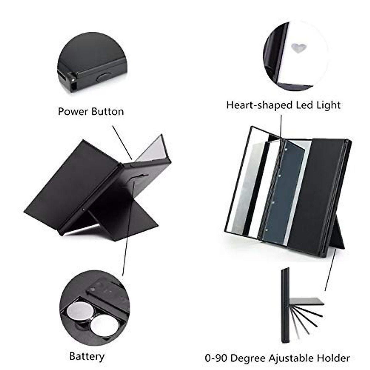 KXA Tri-Fold Vanity Mirror, 8 LED Lighted with Touch Screen 1X Magnification and USB Charging Adjustable Brightness and Stand for Makeup