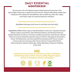 Desert Essence Daily Essential Moisturizer - Nourishing Jojoba, Organic Aloe Vera, Safflower & Geranium Oil - Light-Weight Soothing, Softening Facial Cream - Vegan, Non-GMO, Sulfate & SLS Free - 4oz
