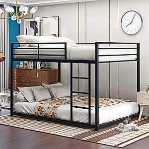 P PURLOVE Junior's Metal Bunk Bed Frame for Kids, Full Size Low Profile Floor Bunk Bed,Full Over Full Bunk Bed with Slat and Ladder,No Box Spring Need,Black