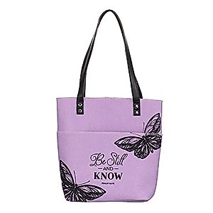 Christian Art Gifts Felt and Faux Leather Fashion Bible Cover Butterfly Tote Bag - Be Still and Know - Psalm 46:10 Inspirational Bible Verse, Purple and Black, One Size