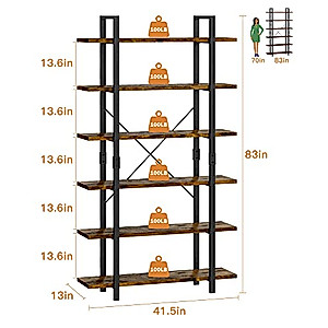 FRAPOW 83Inch Large Vintage Bookshelf, 6 Tier Industrial Etagere Displaying Bookshelf with Metal Frame for Home Living Room Office Study