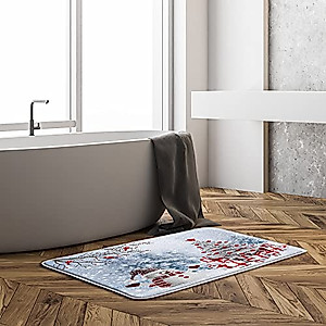 Merry Christmas Bath Mat Cute Snowman Xmas Tree Snowflake Pine Tree Forest Red Bird Berry Branch Winter Holiday Happy New Year Cartoon Bathroom Mat Microfiber Memory Foam Bath Decor Rugs