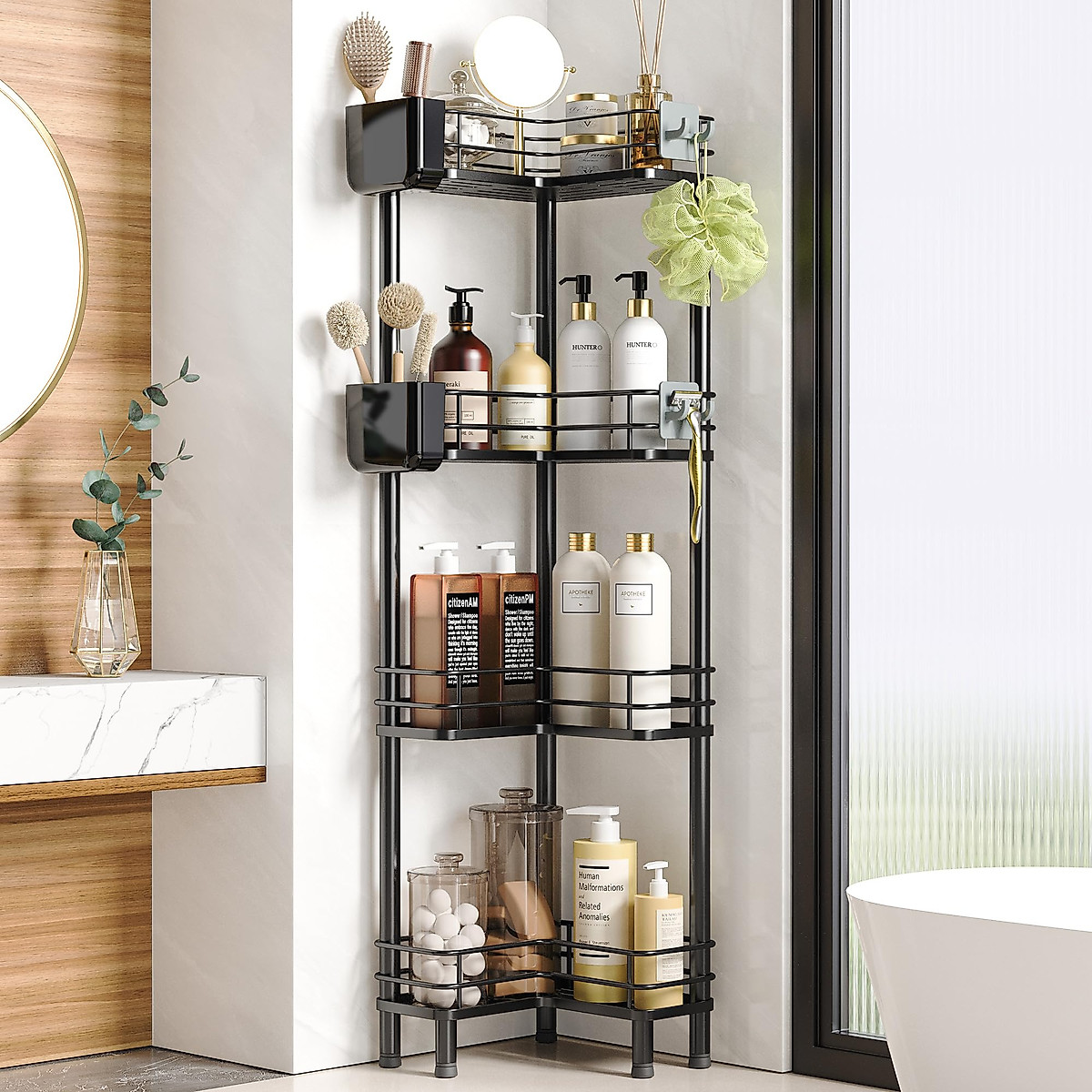 Vetacsion Corner Shower Caddy with Toothbrush Shelves, 4 Tier Standing Rustproof Shower Organizer, Metal Floor Shower Shelves for Bathroom Storage