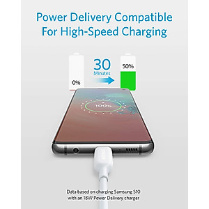 Anker 60W, Powerline III USB-C to USB-C Cable 2.0, USB C Charger Cable 1ft for MacBook Pro 2020, iPad Pro 2020, Switch, Samsung Galaxy S20 Plus S9 S8 Plus, Pixel, and More (White)