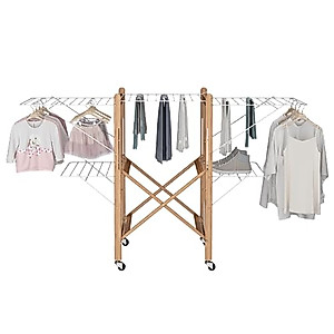 tonchean Collapsible Drying Racks for Laundry with Wheels, Heavy Duty Commercial Foldable Laundry Drying Rack Wooden Clothes Drying Rack Free Standingwith Adjustable Iron Wings