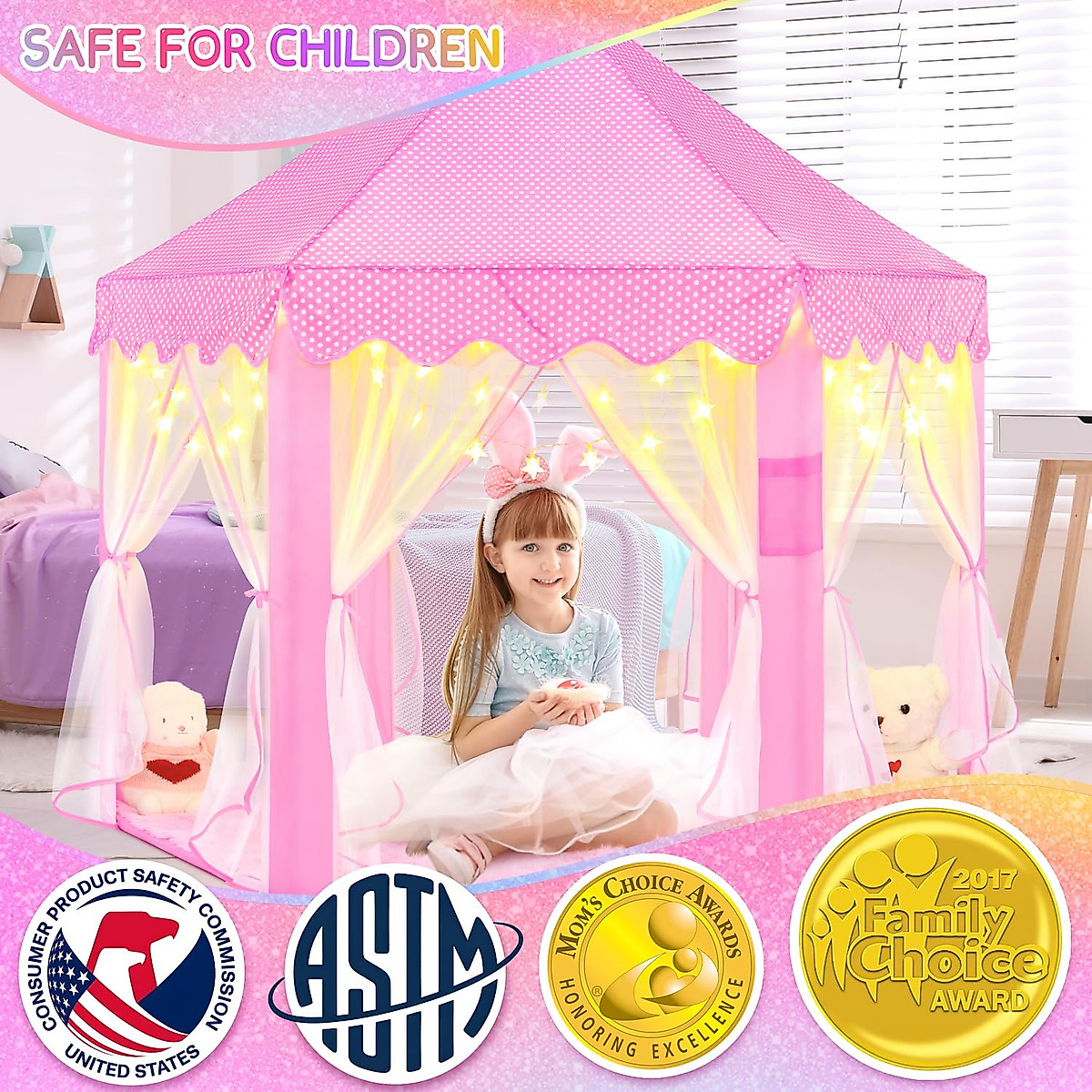 EVOIONOS Princess Tent for Girls, Kids Play Tent with LED Star Lights, Castle Playhouse for Children Indoor Outdoor Games, 55X53 inches, Pink