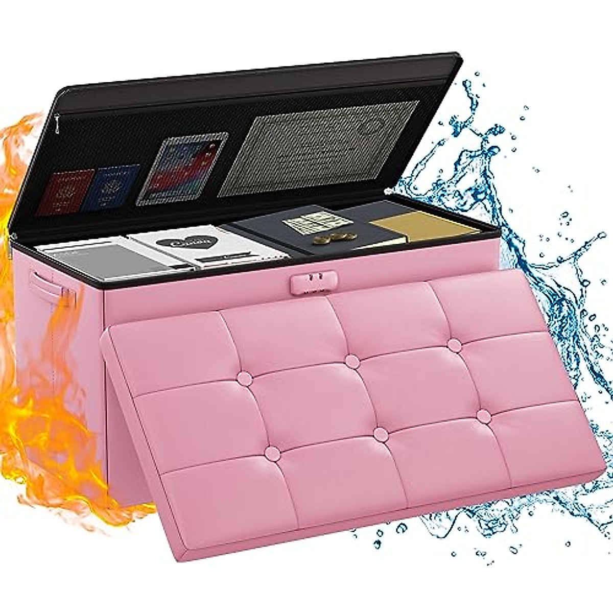 ENGPOW Storage Ottoman Bench,Fireproof Folding Storage Bench with Lock,30 Inches Fire＆Water Resistant Storage Chest Foot Rest Stool Leather Bedroom Bench with Storage Safe for Document,Valuables,Pink