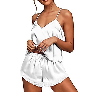 Ekouaer Silk Pajama Set for Women Soft Lingerie Lace Satin Sleepwear V-neck Cami Nightwear, White Small