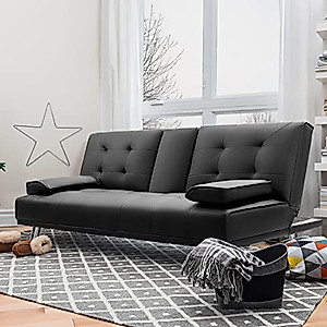 VICTONE Futon Sofa Bed Modern Faux Leather Couch Bed Convertible Folding Recliner for Living Room with 2 Cup Holders and Armrest (Black)