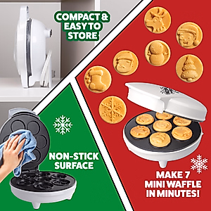 Christmas Cheer Holiday Waffle Maker- Make X-Mas Winter Breakfast Special w/Cute Pancakes or Waffles for Kids, Adults - Electric Nonstick Waffler Iron, Features a Snowman, Santa & More, Fun Gift
