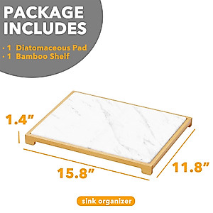 SpaceAid Stone Drying Mat for Kitchen Counter, Bamboo Rack Dish Pad, Instant Dry Diatomaceous Earth Mat Dishes, Stone Dish Fast Drying Mat Board (15.8 x 11.8 inch, White Marble)