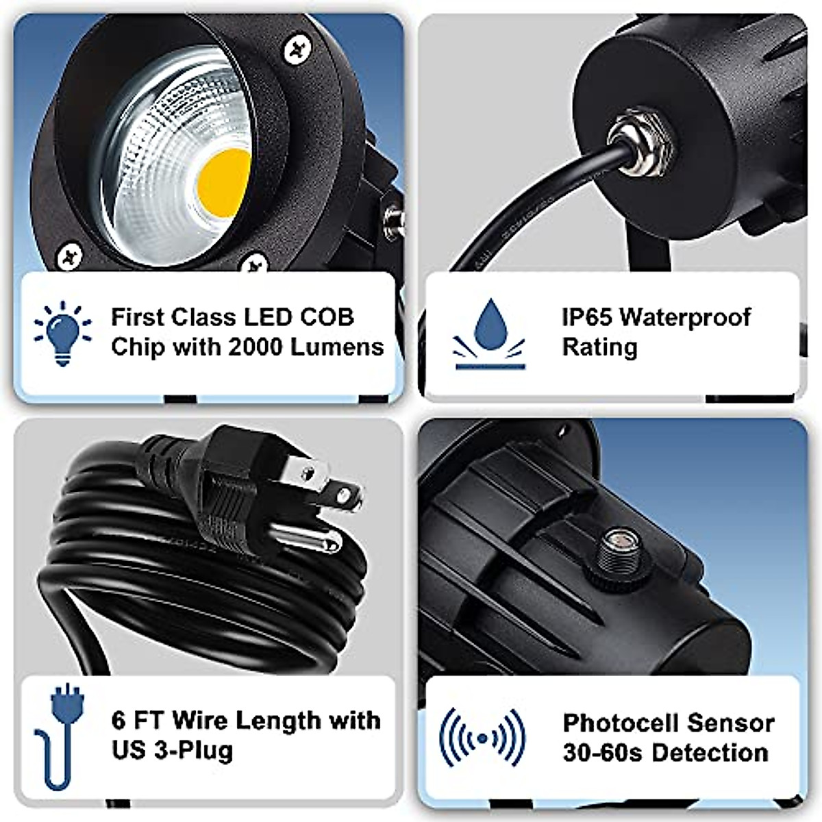 SUNVIE 20W Outdoor Landscape Spotlights 120V Waterproof Dusk to Dawn Spot Lights Outdoor 3000K LED Spotlight with Photocell Sensor Landscape Lighting for Yard Flag Tree Garden Decor 6 FT US 3-Plug in