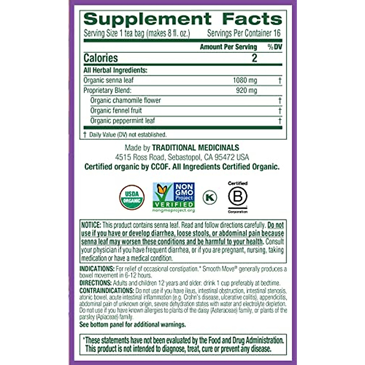 Traditional Medicinals Organic Smooth Move Senna Chamomile Herbal Tea, Relieves Occasional Constipation, (Pack of 2) - 32 Tea Bags Total