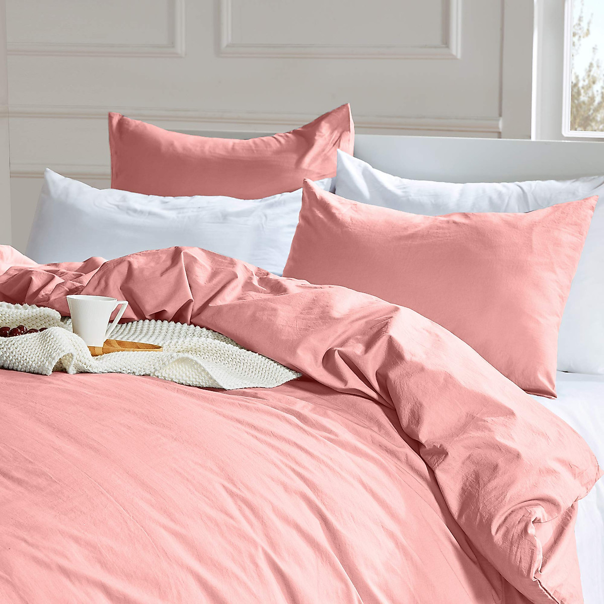 COTTONNEST 100% Washed Cotton Duvet Cover King Size -Soft Breathable Comforter Cover with Zipper Closure, Rosette