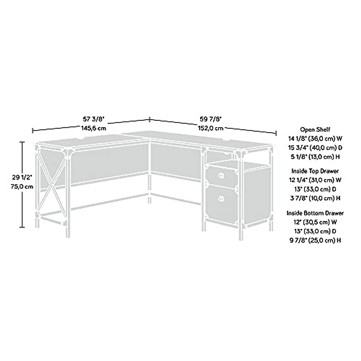 Sauder Steel River L-Shaped Desk, L: 59.84" x W: 57.32" x H: 29.53", Carbon Oak Finish
