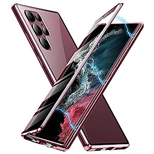 Jonwelsy Case for Samsung Galaxy S22 Ultra, 360 Degree Front and Back Clear Tempered Glass Full Body Protection Magnetic Adsorption Metal Bumper Frame Flip Cover for Samsung S22 Ultra (Burgundy)
