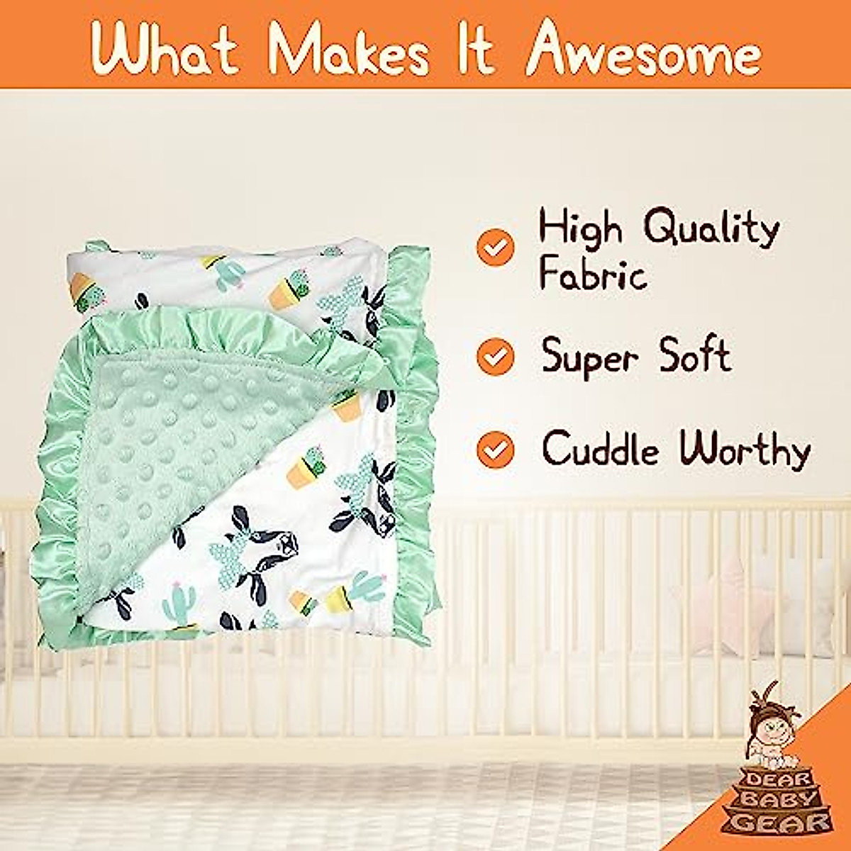 Dear Baby Gear Farm Deluxe Baby Blanket - Reversible, Milestone & Newborn Gifts - Black, White Heifer Cow Mint Green Dot Bandana, Cactus Succulents in Pots, Mint Ruffle, 32x32 Inches